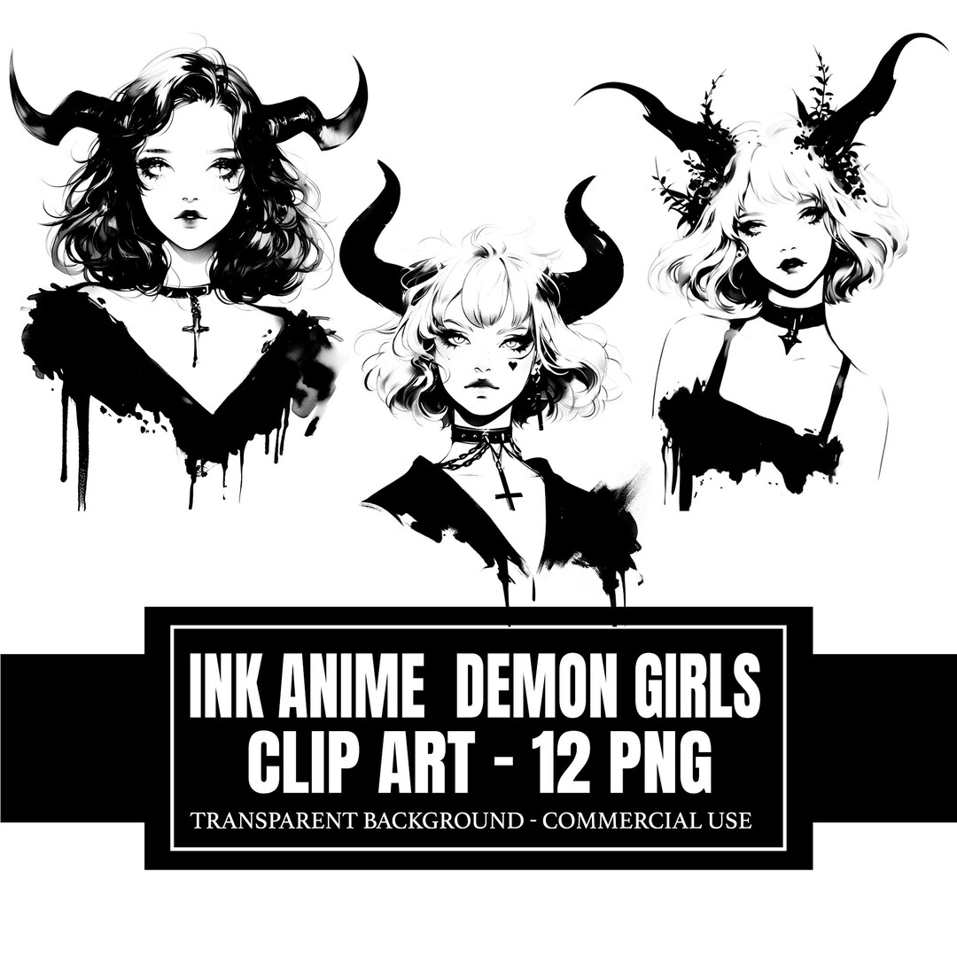 Ink Anime Demon Girls Bundle - 12 PNG Illustrations, Transparent ...