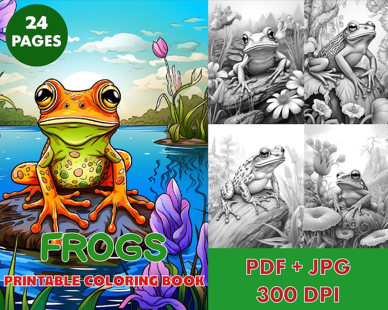 Frogs Coloring Book - Grayscale Coloring Book for Adults - Printable ...