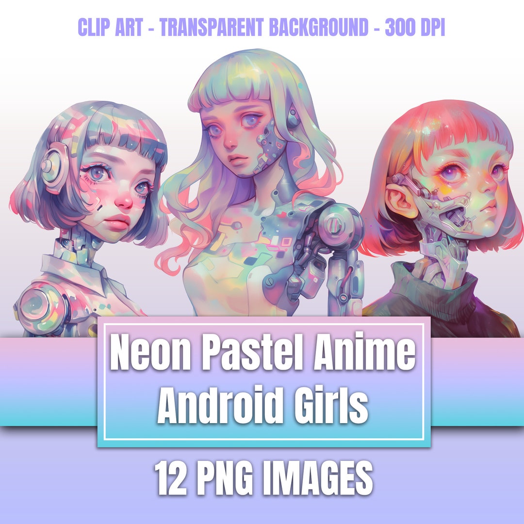 Neon Anime Android Girls Bundle - 12 PNG Illustrations - Anime Clip Art ...