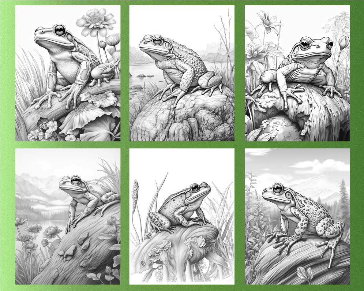 Frogs Coloring Book - Grayscale Coloring Book for Adults - Printable ...