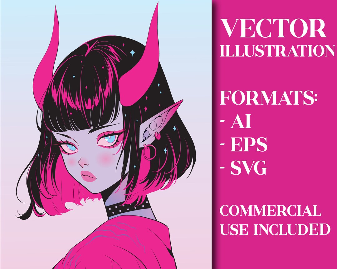 Anime Demon Girl Vector Illustration - Vector Art - Art for Sublimation ...