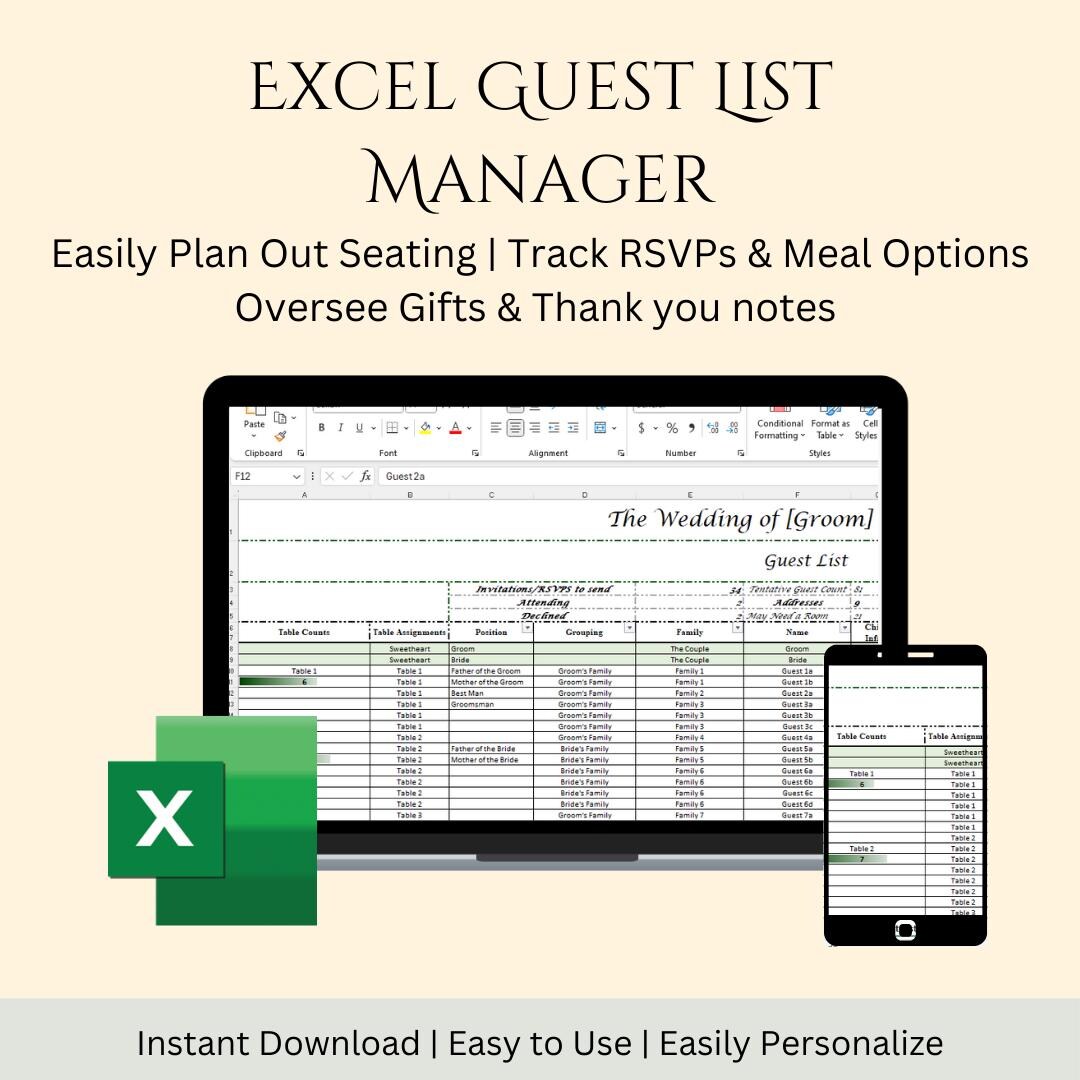 Excel Wedding Guest List Template – RSVP Tracker, Seating Chart, Gift ...