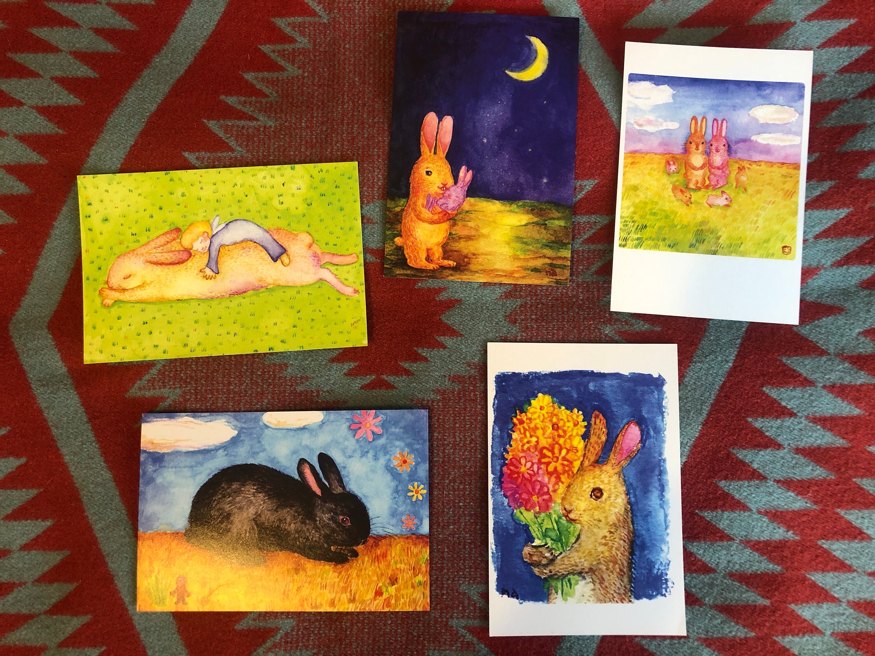5 Piece Postcard Set, 5 Bunny Postcard Set of Blue, Rabbit Card Set ...