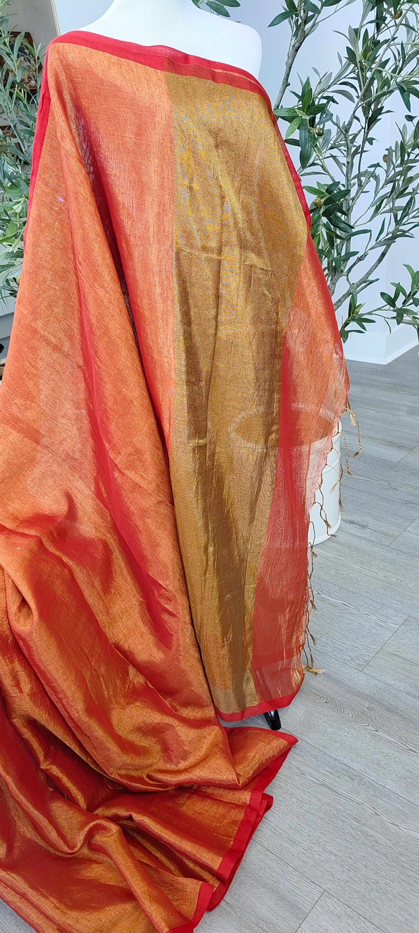 Handwoven Red & Gold Tissue Silk Saree With Stitched Blouse - Etsy
