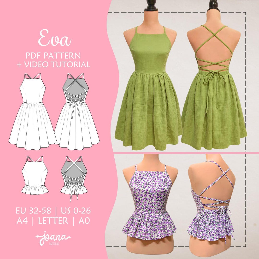Sewing Pattern for Halter Neck Dress, Open Back With Bow Tie and Peplum ...