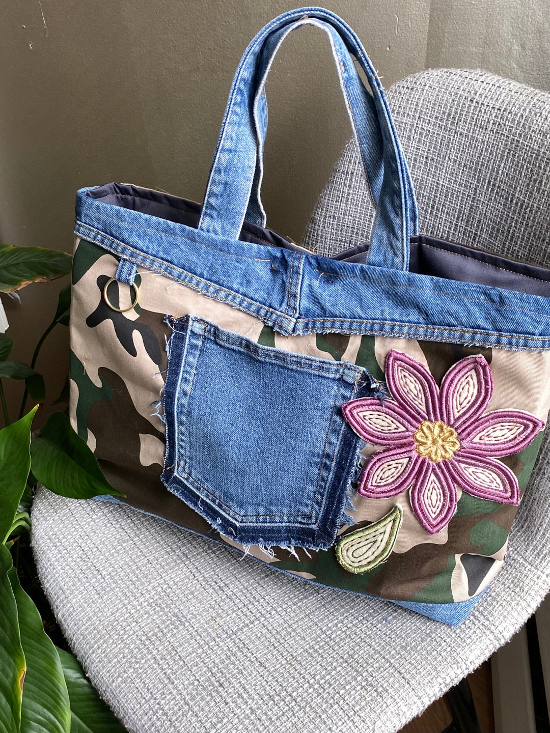 Denim Jean Tote Bag / Camo Bag / Travel Bag / Outdoor Tote Bag / Big ...