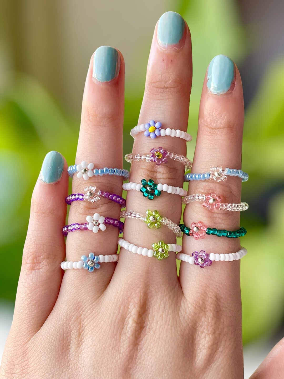 BUY1GET1FREE Daisy Seed Bead Ring Set Daisy Flower Bead Ring Stretchy ...