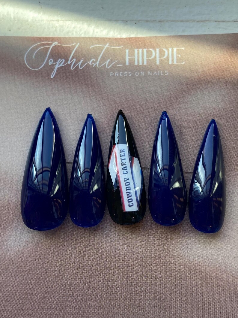Blue and Black With Cowboy Carter Ribbon Press on Nails XL Stiletto - Etsy
