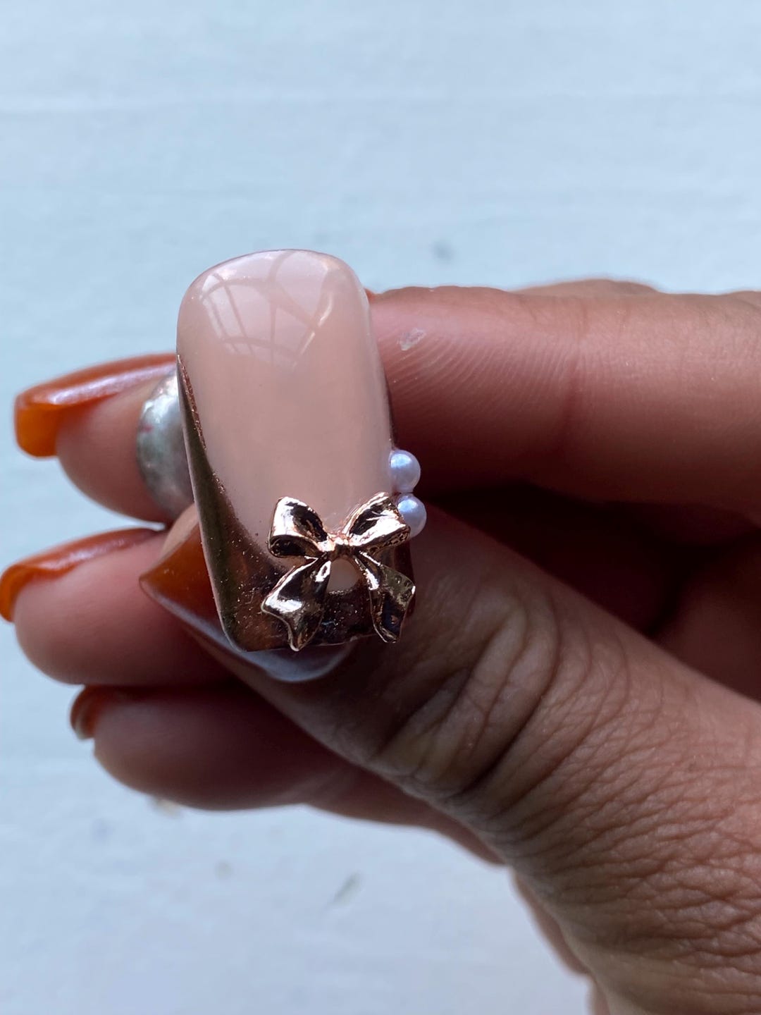 Rose Gold French Tips With Rose Gold Bow and Pearls Press on Nails - Etsy