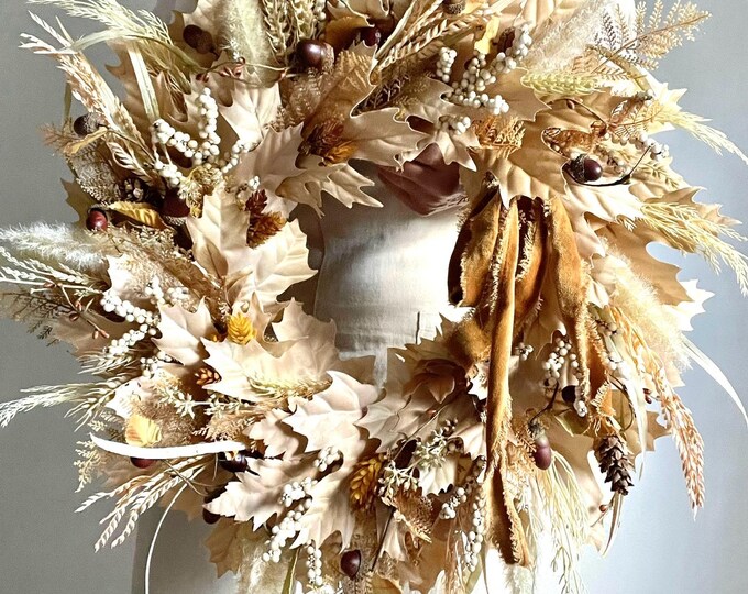 Neutral Fall Wreath Beige Maple Leaves and Grasses, Velvet Ribbon ...