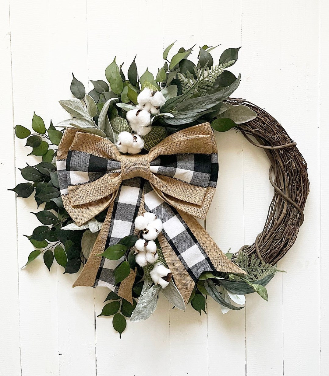 Oversized Burlap Buffalo Check Bow Greenery Wreath Year - Etsy