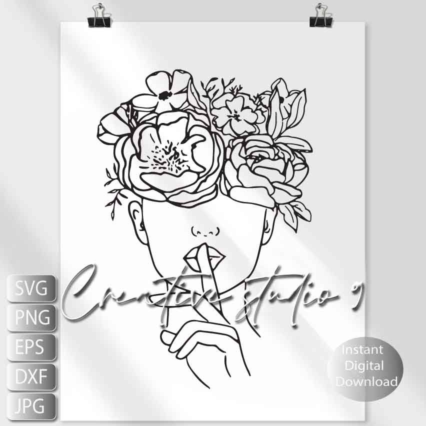 Quiet Hand Gesture| Floral Woman Line Art SVG, PNG, EPS, Dxf, Jpg ...