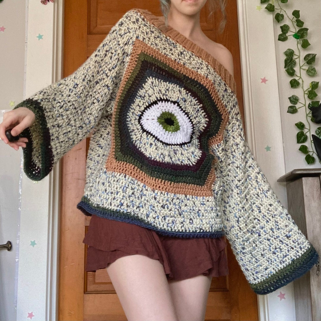 Eye Design off the Shoulder Handmade Crochet Sweater - Etsy