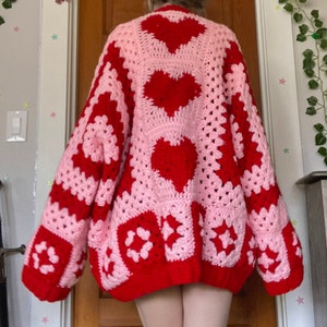 Handmade Crocheted Pink and Red Heart Themed Cardigan - Etsy