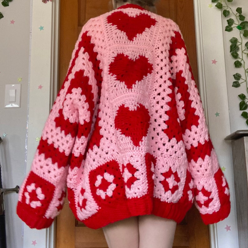 Handmade Crocheted Pink and Red Heart Themed Cardigan - Etsy