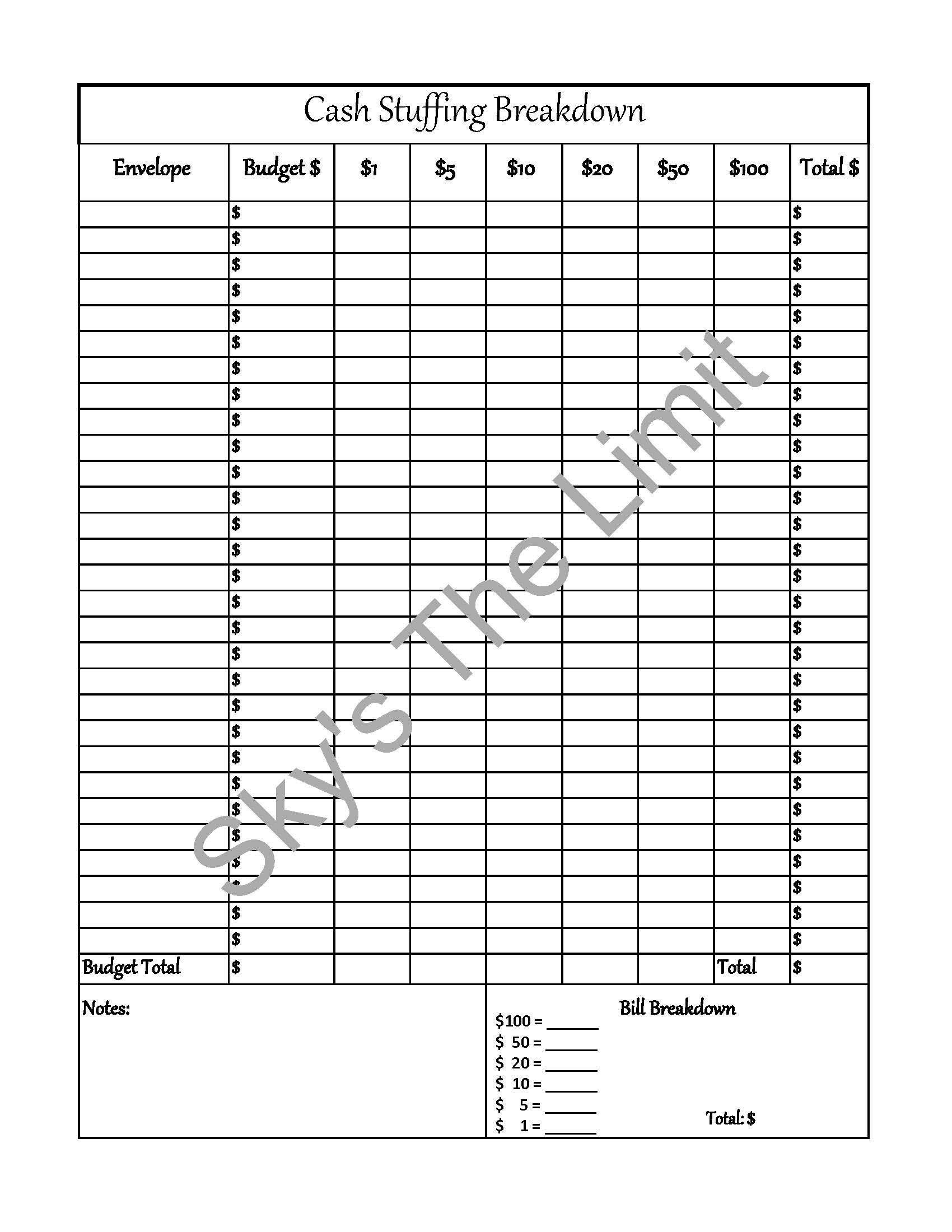 Printable Cash Stuffing Breakdown Sheet (digital Download) - Etsy