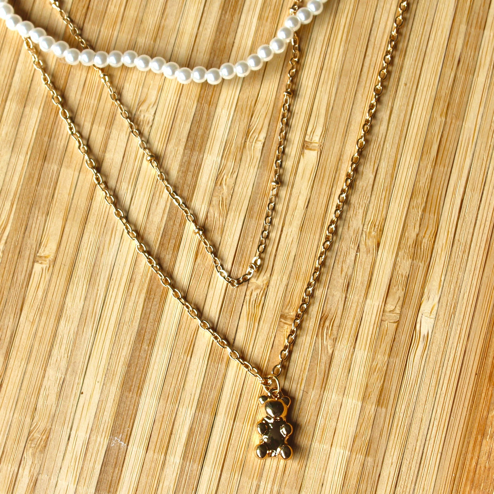 Gold Teddy Bear Necklace, Gold 3 Layer Necklace, Pearl Necklace, Gummy ...