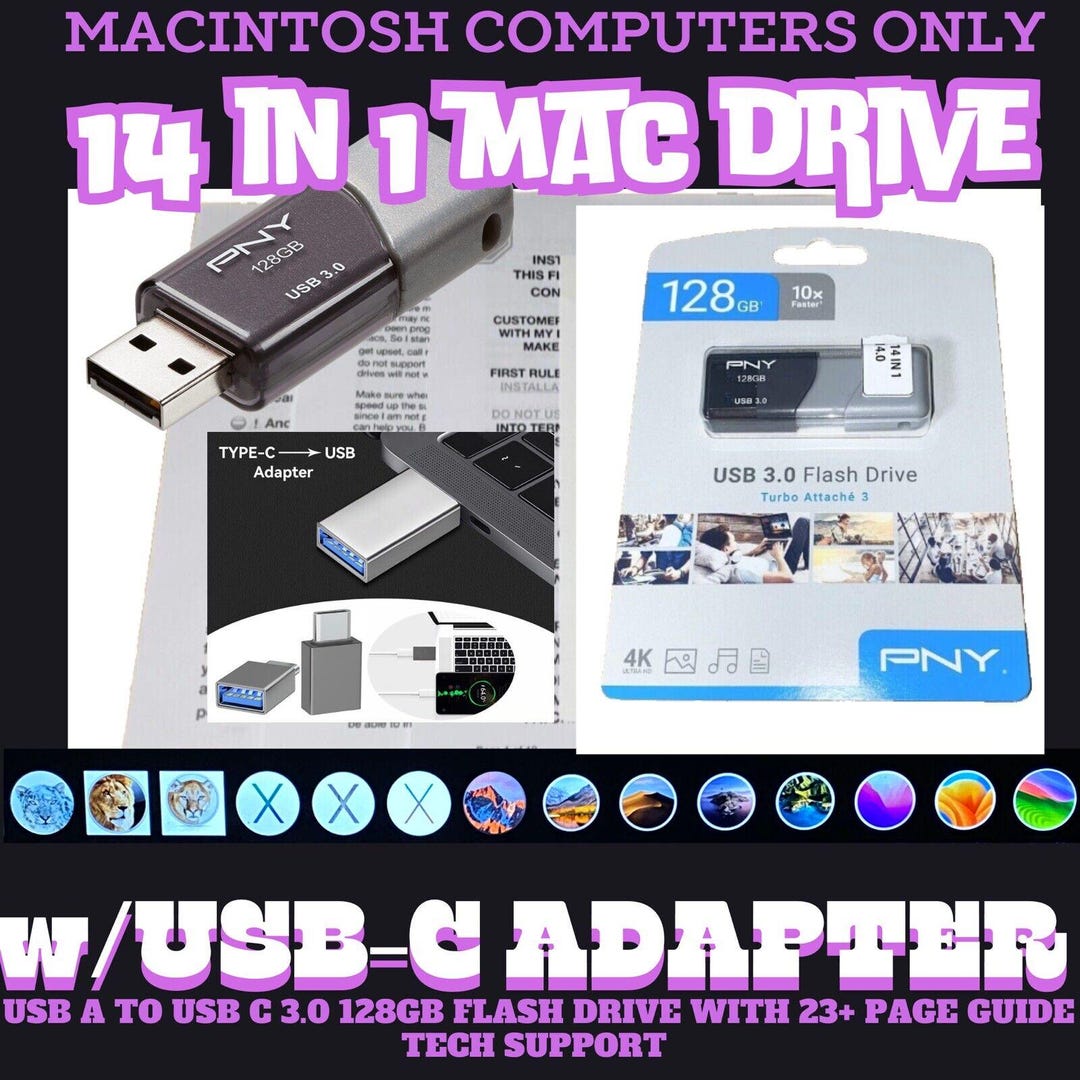 14 in 1 Mac OS Bootable USB 3.0 Flash Drive 128gb With Guide and USB-C ...