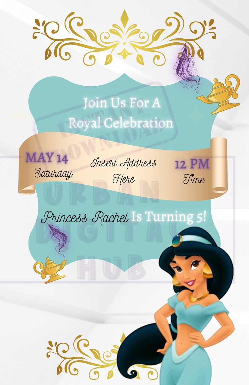 Princess Jasmine Birthday Invitation Editable Template Instant Download ...