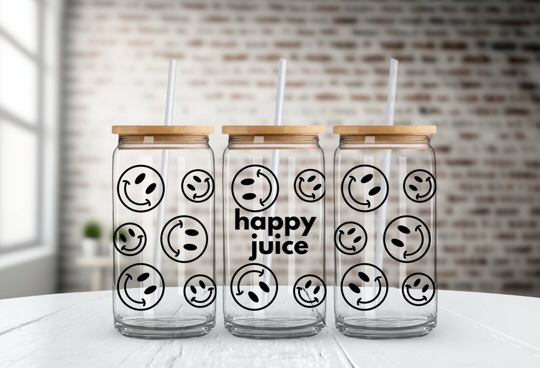 Happy Juice Clear Glass Cup With Bamboo Lid 16oz Libbey Glass Smiley ...