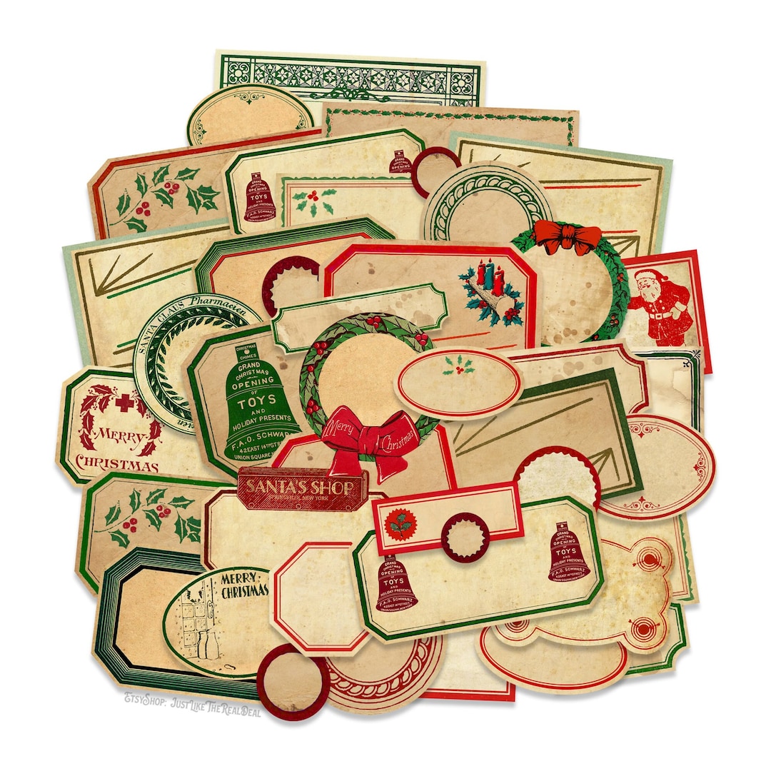 Vintage Christmas Blank Labels, Antique Red and Green Frame Aged Blank ...