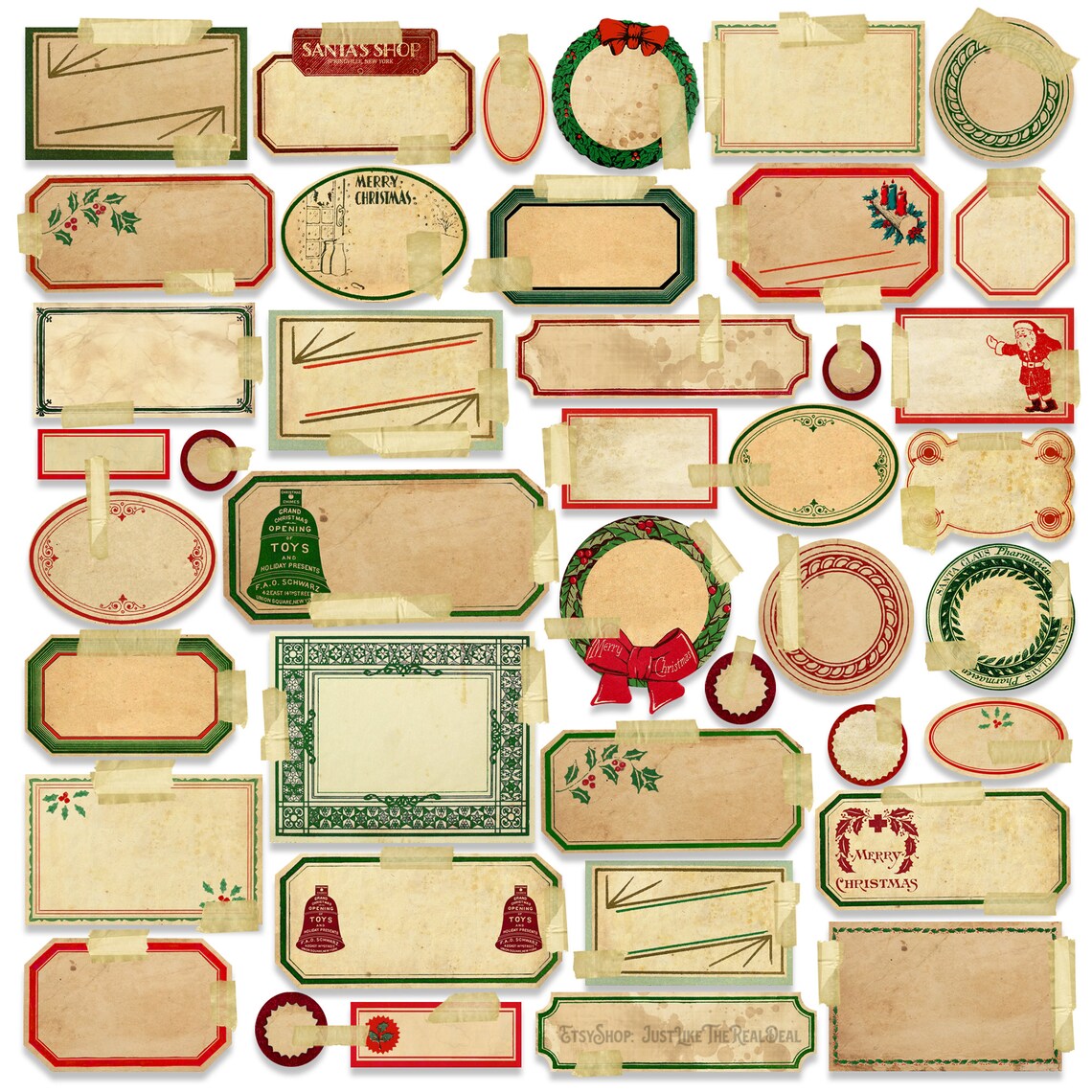 Vintage Christmas Blank Labels, Antique Red and Green Frame Aged Blank ...