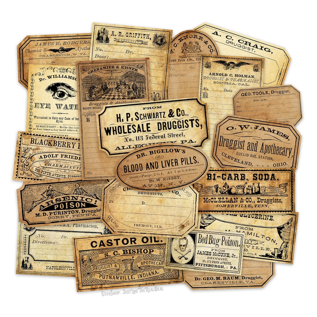 Antique Apothecary Druggist Labels, Aged Medicine Bottle Label Stickers ...