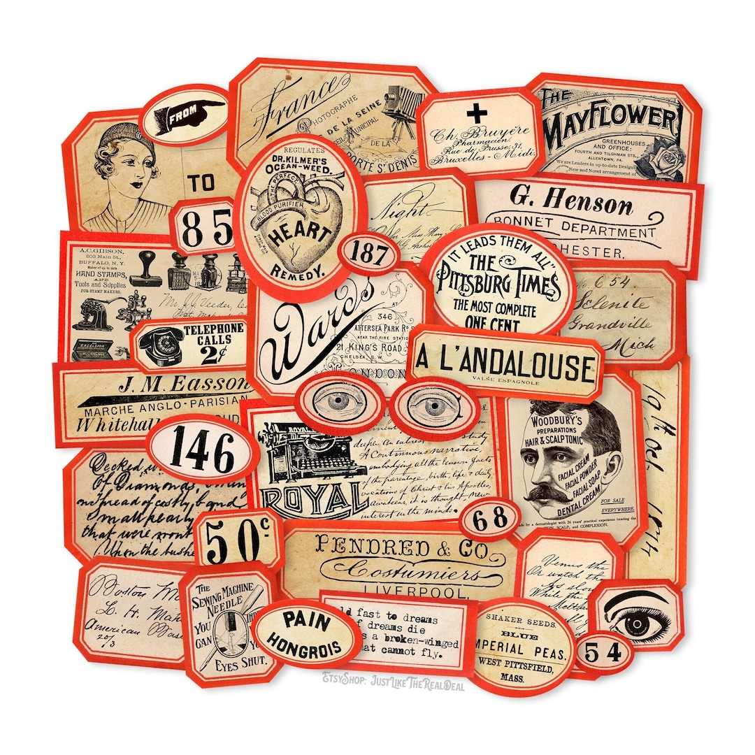 Vintage Dennison Style Alterations Decorative Labels, Vintage Red Frame ...