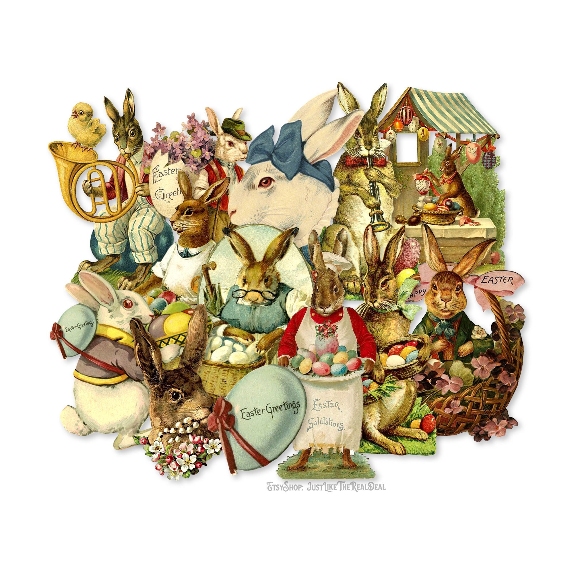 Victorian Easter Bunny Paper Die Cuts, Printed Easter Paper Decorations ...