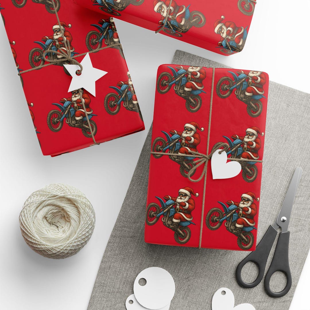Santa Dirt Bike Christmas Wrapping Paper, Motocross Holiday Gift Wrap ...