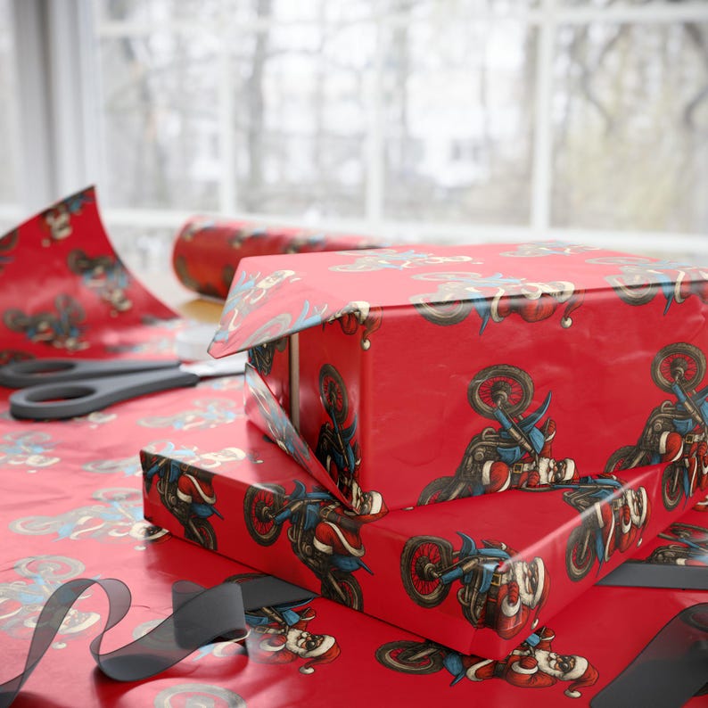 Santa Dirt Bike Christmas Wrapping Paper, Motocross Holiday Gift Wrap ...