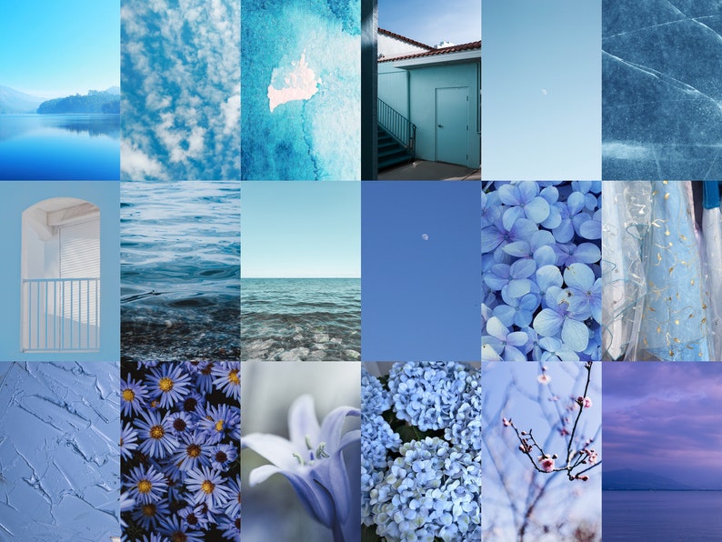 50 Pcs Blue Blush Aesthetic Collage Kit, Printable Wall Photo Kit ...