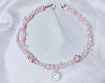 Princess Necklace Pink, Crystal and Pearl Choker, Heart Chain, Heart ...
