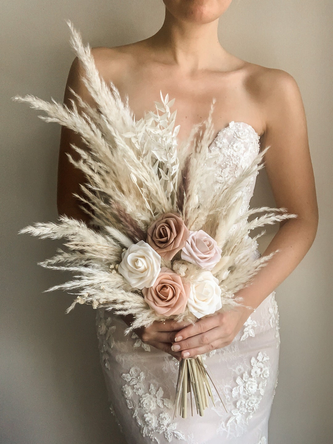 Pink Rose & Pampas Grass Bridal Bouquet | Boho Dried Florals for ...
