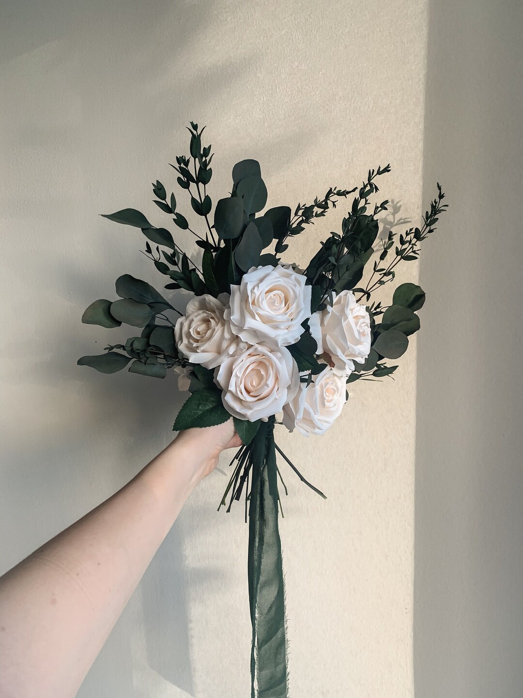 Eucalyptus Bridal Bouquet White Roses Rustic Wedding Flowers Ivory ...
