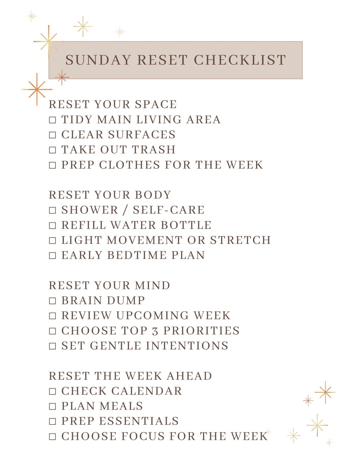 Sunday Reset Checklist Printable | Weekly Reset Planner PDF | Minimal ...