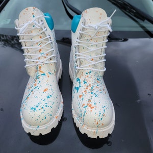 Custom Painted Timberland Boots: Turquoise White Splash Streetwear ...