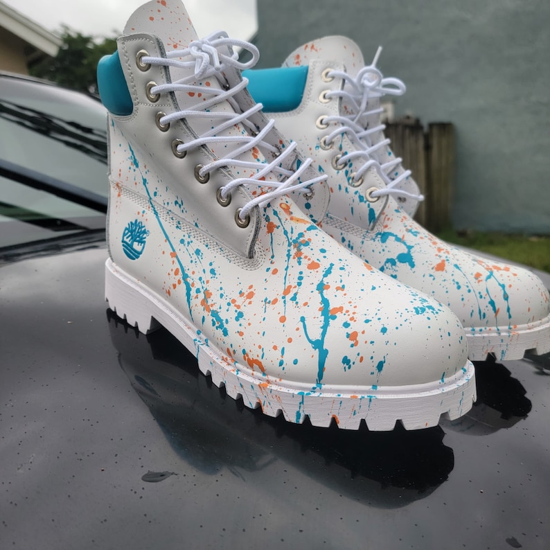 Custom Painted Timberland Boots: Turquoise White Splash Streetwear ...