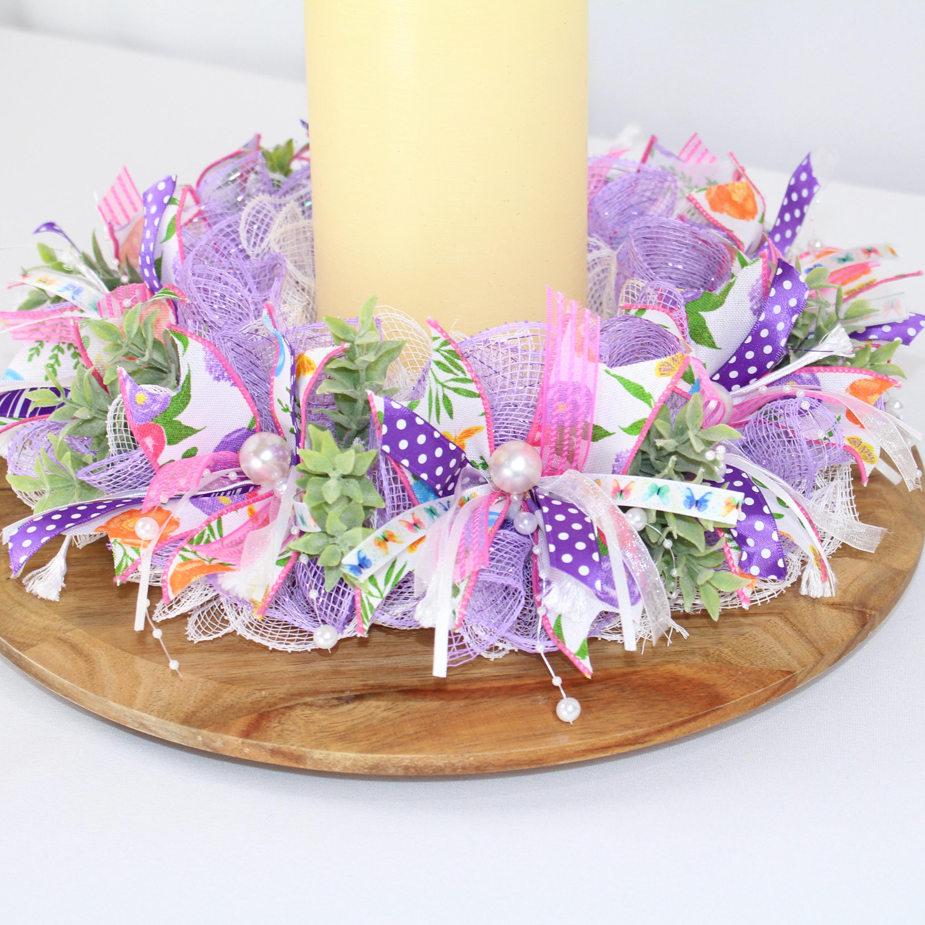 Spring Candle Wreath Centerpiece, Mini Mesh Wreath Decor, Pastel Table ...