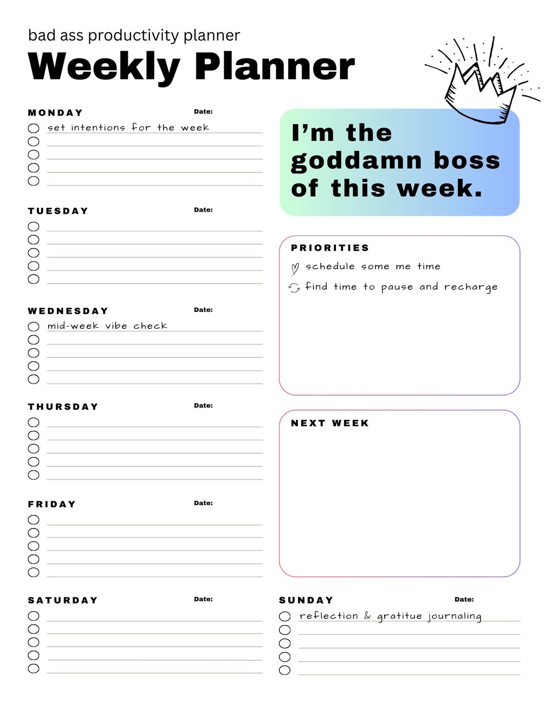 Printable Weekly Planner Digital Download, Badass Productivity ...
