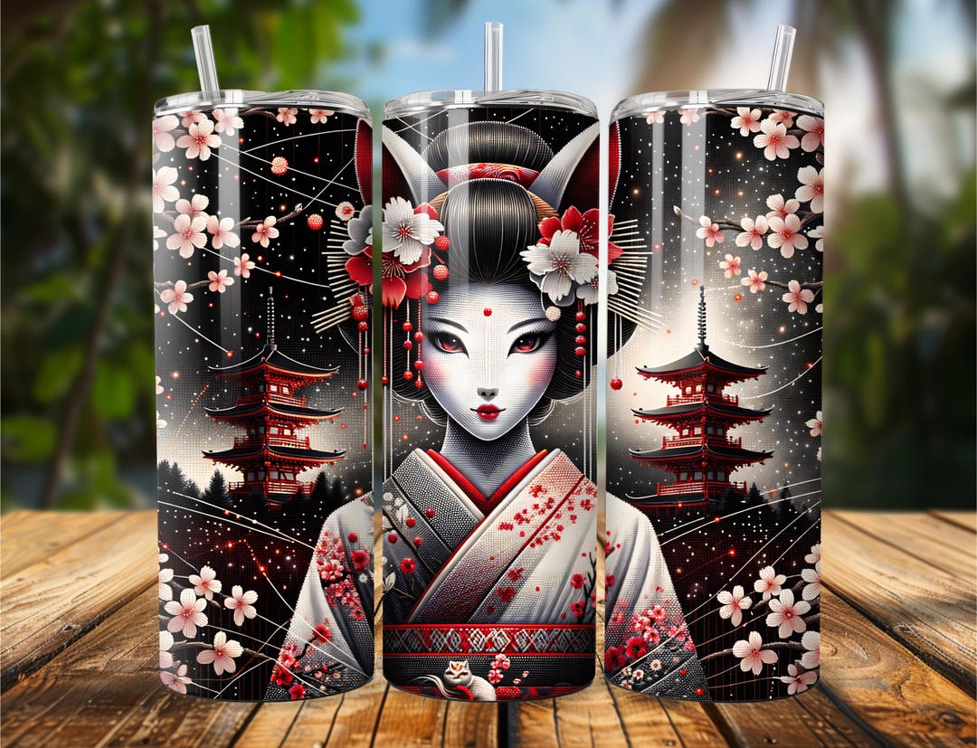 Geisha Kitsune Pagoda Cherry Blossom 20oz Tumbler Sublimation Wrap ...