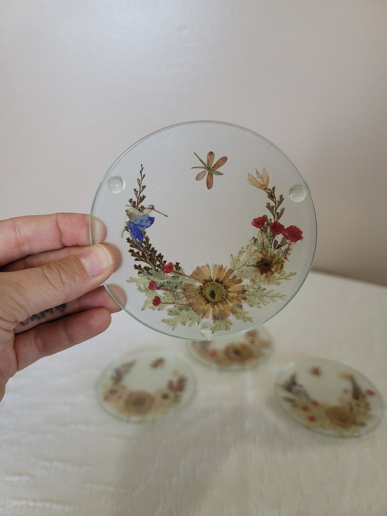 Vintage Dried Flower Glass Coasters Set of 4 Pressed Flower - Etsy