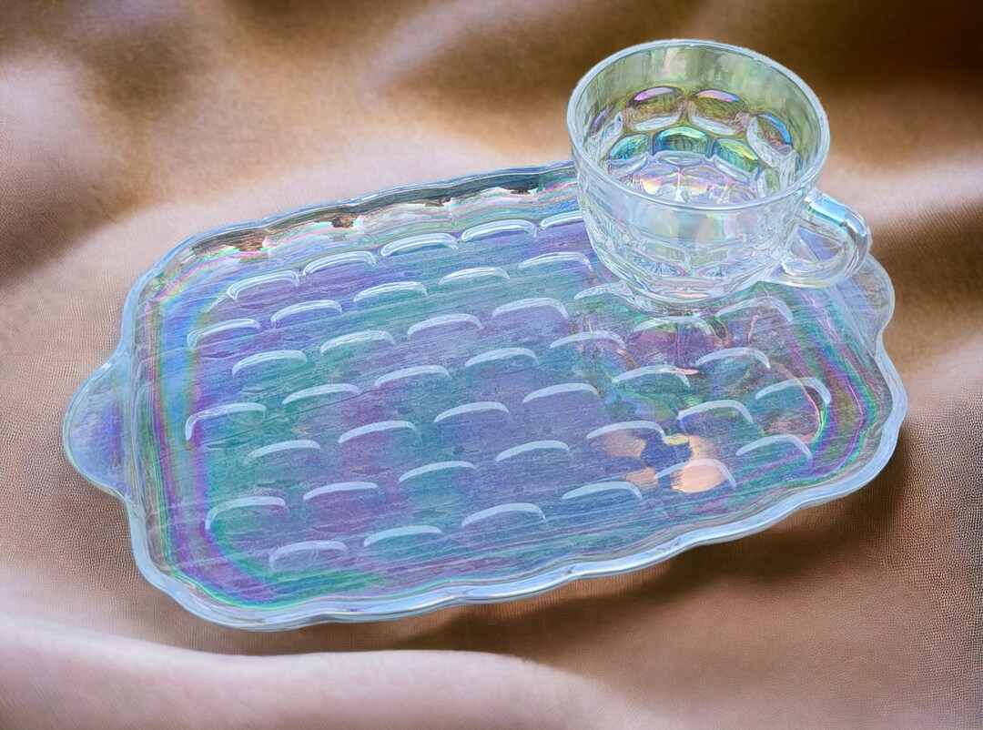 Vintage Iridescent Federal Glass Place Setting, Mcm Glass Thumbprint ...