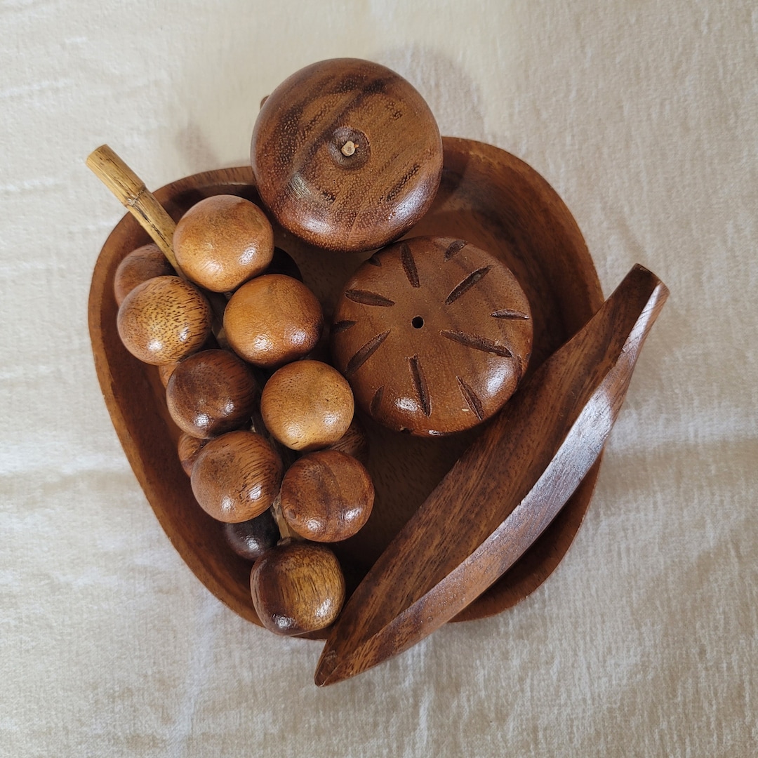 Vintage Mcm Wooden Fruit and Bowl Set, Hand Carved Wood Fruit Tray Set ...
