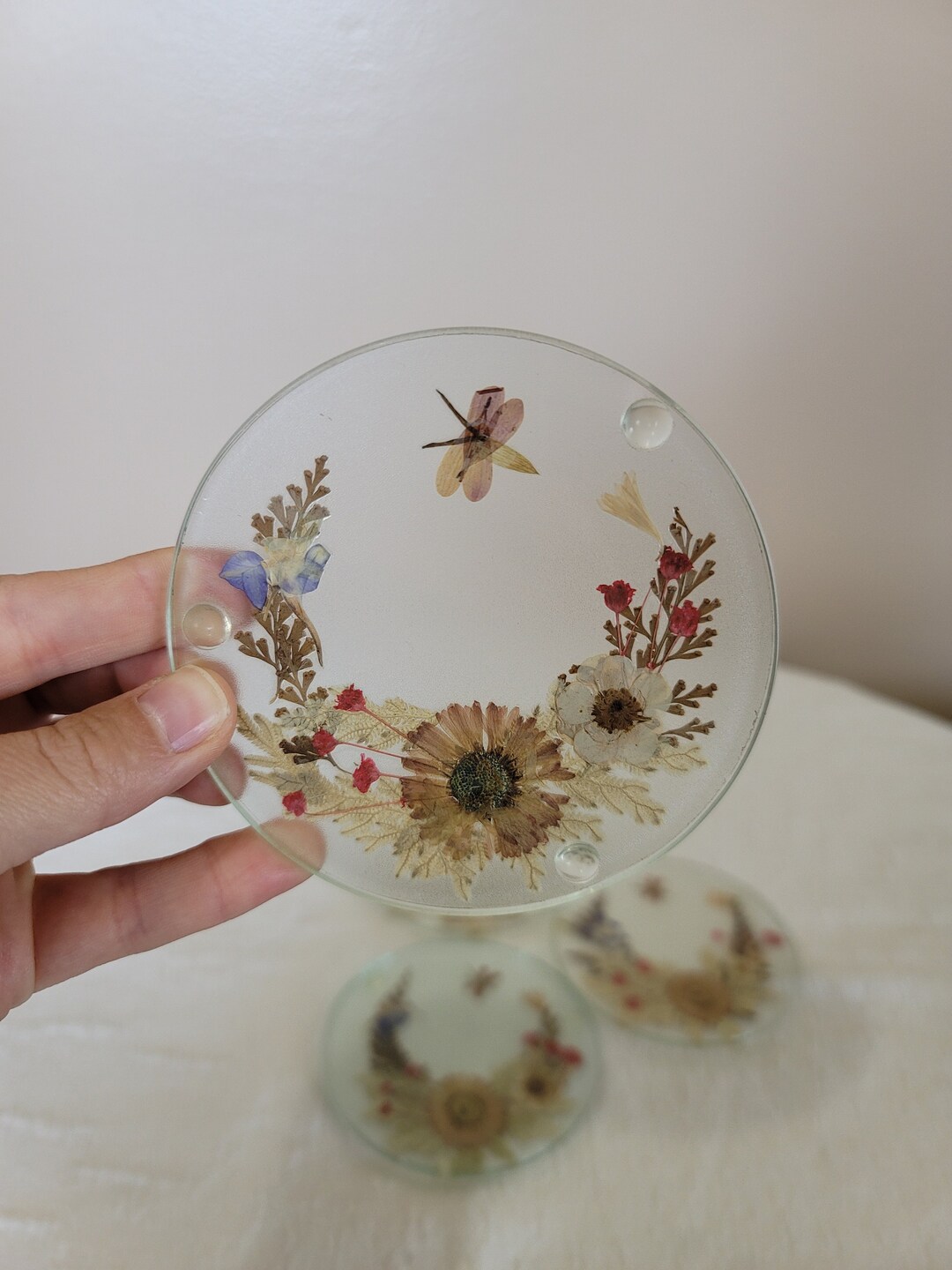 Vintage Dried Flower Glass Coasters Set of 4, Pressed Flower Decor, Mcm ...