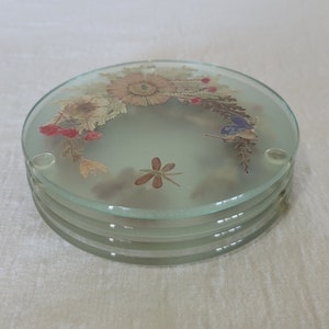 Vintage Dried Flower Glass Coasters Set of 4, Pressed Flower Decor, Mcm ...