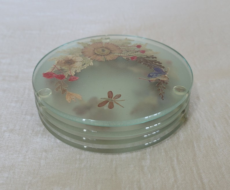 Vintage Dried Flower Glass Coasters Set of 4 Pressed Flower - Etsy