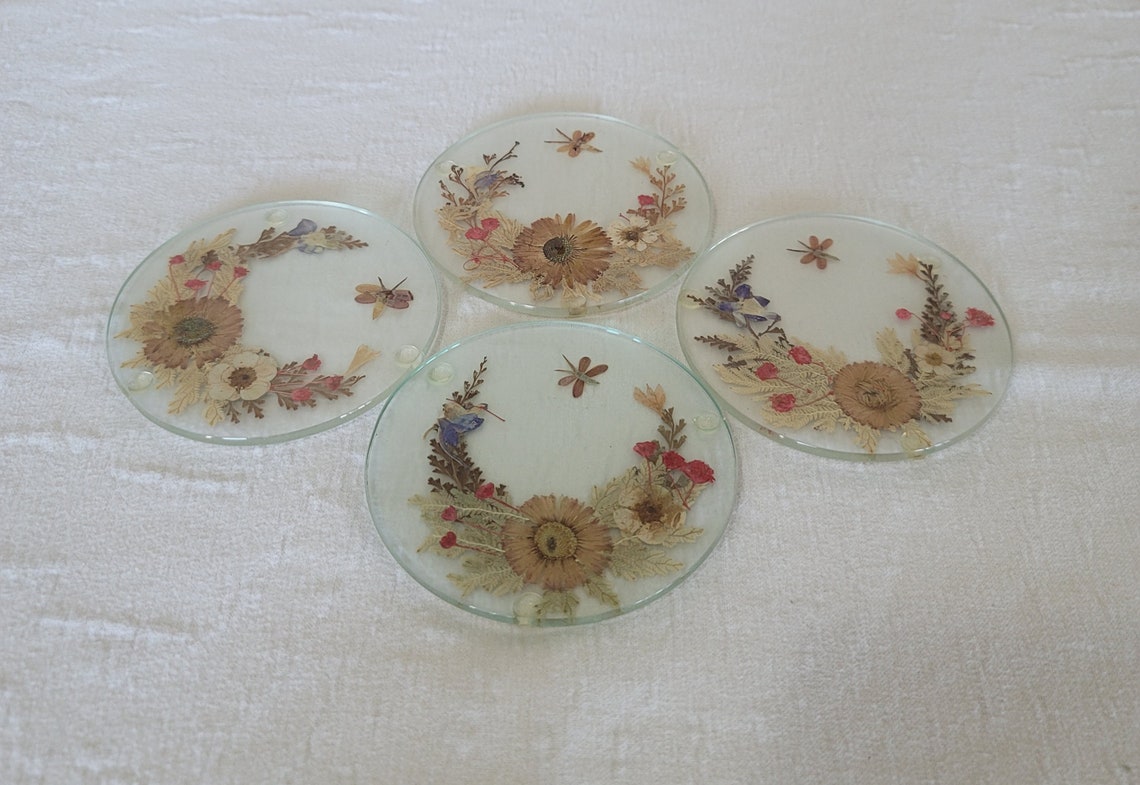 Vintage Dried Flower Glass Coasters Set of 4 Pressed Flower - Etsy