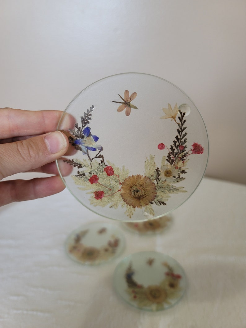 Vintage Dried Flower Glass Coasters Set of 4 Pressed Flower - Etsy