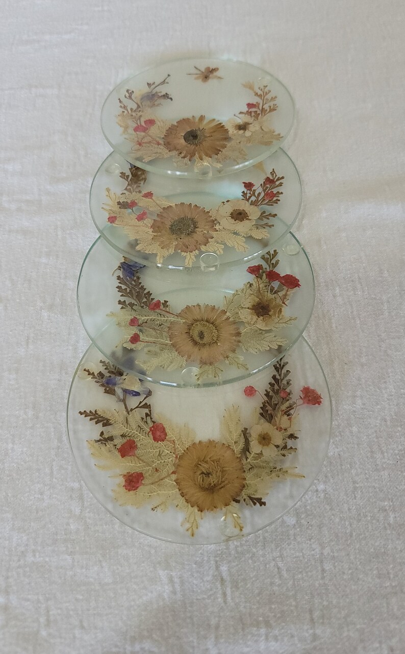 Vintage Dried Flower Glass Coasters Set of 4 Pressed Flower - Etsy